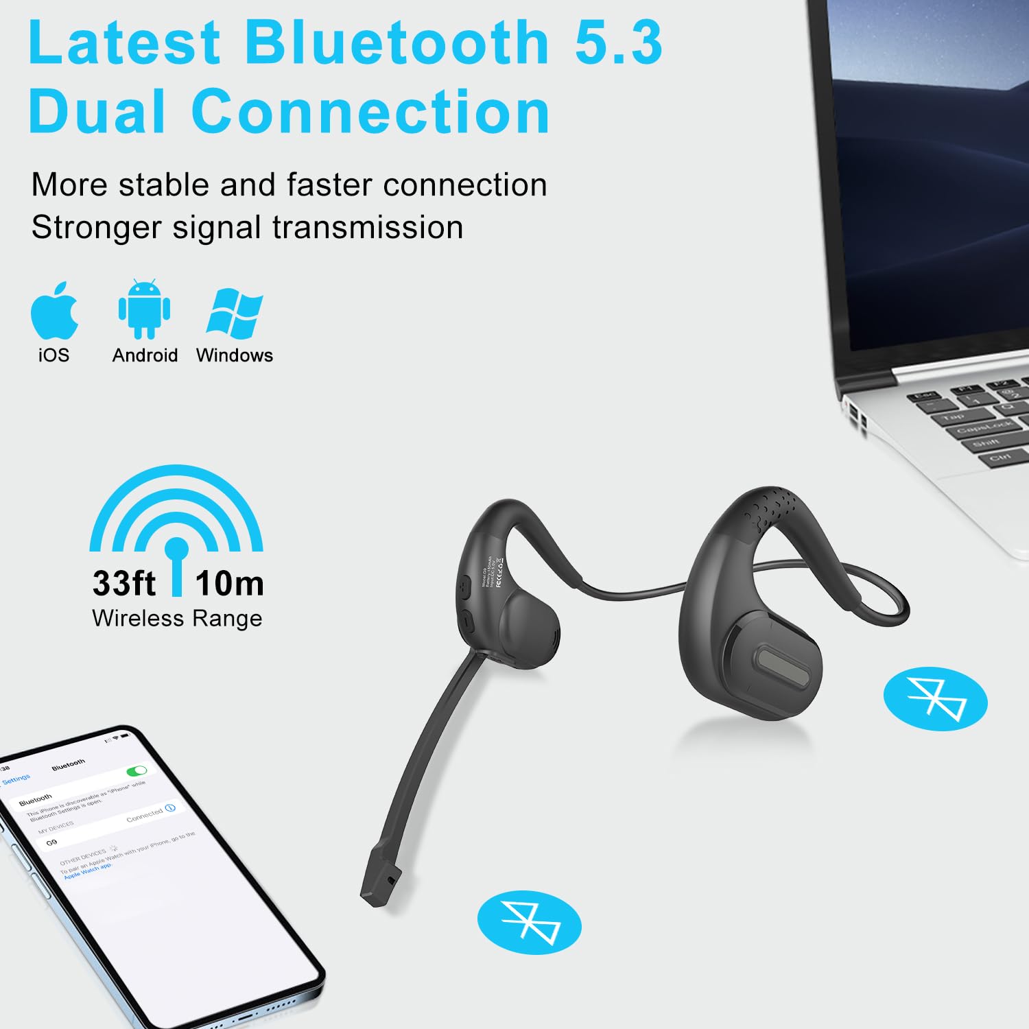 iDIGMALL Bluetooth Headset with Detachable Microphone, Multi-Point Wireless Headset w/DSP Noise Canceling Mic for Phone PC Laptop, Comfort & Light Open Ear headphones for Office Meeting Home Work, 12H