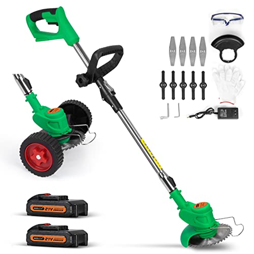 Cordless Weed Eater Grass Trimmer,3-in-1 Lightweight Push Lawn Mower & Edger Tool with 3 Types Blades,21V 2Ah Li-Ion Battery Powered for Garden and Yard-Green