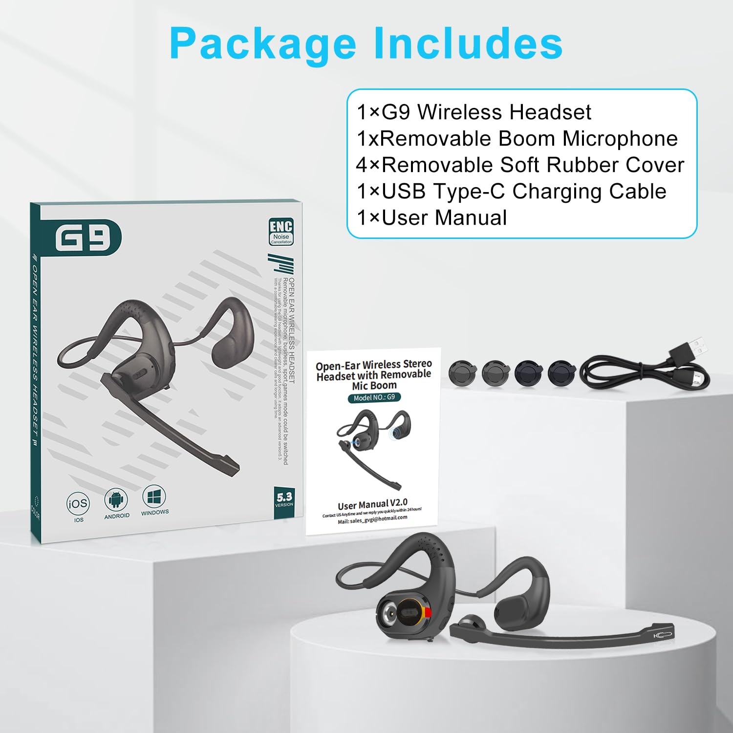 iDIGMALL Bluetooth Headset with Detachable Microphone, Multi-Point Wireless Headset w/DSP Noise Canceling Mic for Phone PC Laptop, Comfort & Light Open Ear headphones for Office Meeting Home Work, 12H