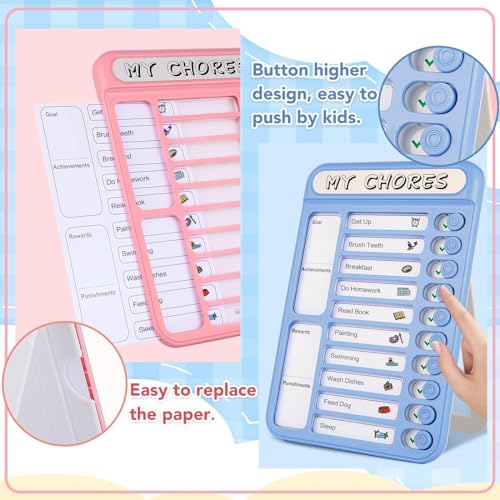 2 Pcs Dry Erase Chore Chart ADHD Tools for Kids Reusable to Do List Checklist Board with 6 Double Sided Erasable Detachable Cardstock RV Daily Routine Schedule Board for Home Desk (Blue, Pink)
