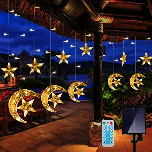 Solar Curtain Lights Outdoor Star and Moon Light 138 LED Waterproof Fairy String Lights Solar Powered 8 Modes Hanging String Lights for Window Fence Tent Garden Patio Home Outdoor Decor (Warm)