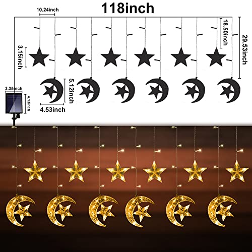 Solar Curtain Lights Outdoor Star and Moon Light 138 LED Waterproof Fairy String Lights Solar Powered 8 Modes Hanging String Lights for Window Fence Tent Garden Patio Home Outdoor Decor (Warm)