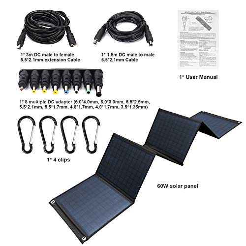 Keshoyal Foldable Solar Panel β 60W Portable Solar Panels with 5V USB and 18V DC for Camping,Cell Phone,Tablet and 5-18V Devices β Compatible with Solar Generators Power Stations
