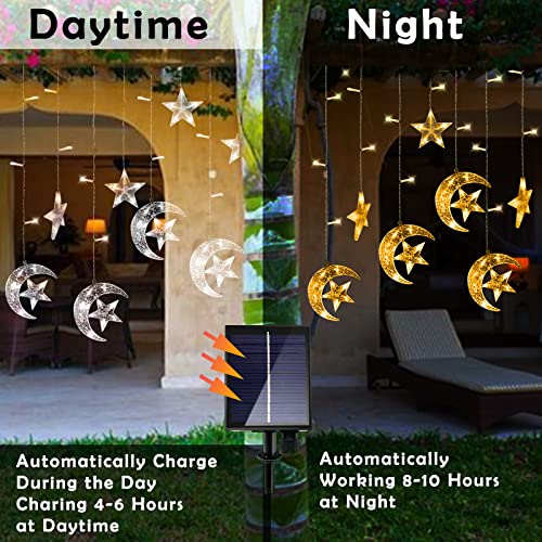 Solar Curtain Lights Outdoor Star and Moon Light 138 LED Waterproof Fairy String Lights Solar Powered 8 Modes Hanging String Lights for Window Fence Tent Garden Patio Home Outdoor Decor (Warm)