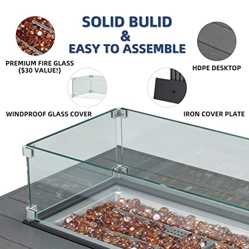 Propane Fire Pit Table 50,000 BTU 43" Outdoor Gas Table with Automatic Ignition and Tempered Glass Windshield for Porch, Patio, Yard, Garden