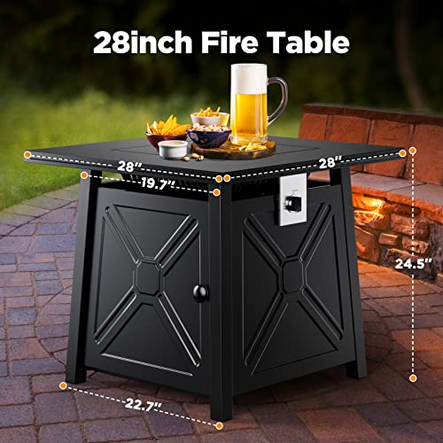 Ciays 28 Inch Gas Fire Pit Table, 50,000 BTU Propane Fire Pits for Outsides with Steel Lid and Lava Rock, 2 in 1 Square Firepit Table for Gatherings Parties on Patio Deck Garden Backyard, Black