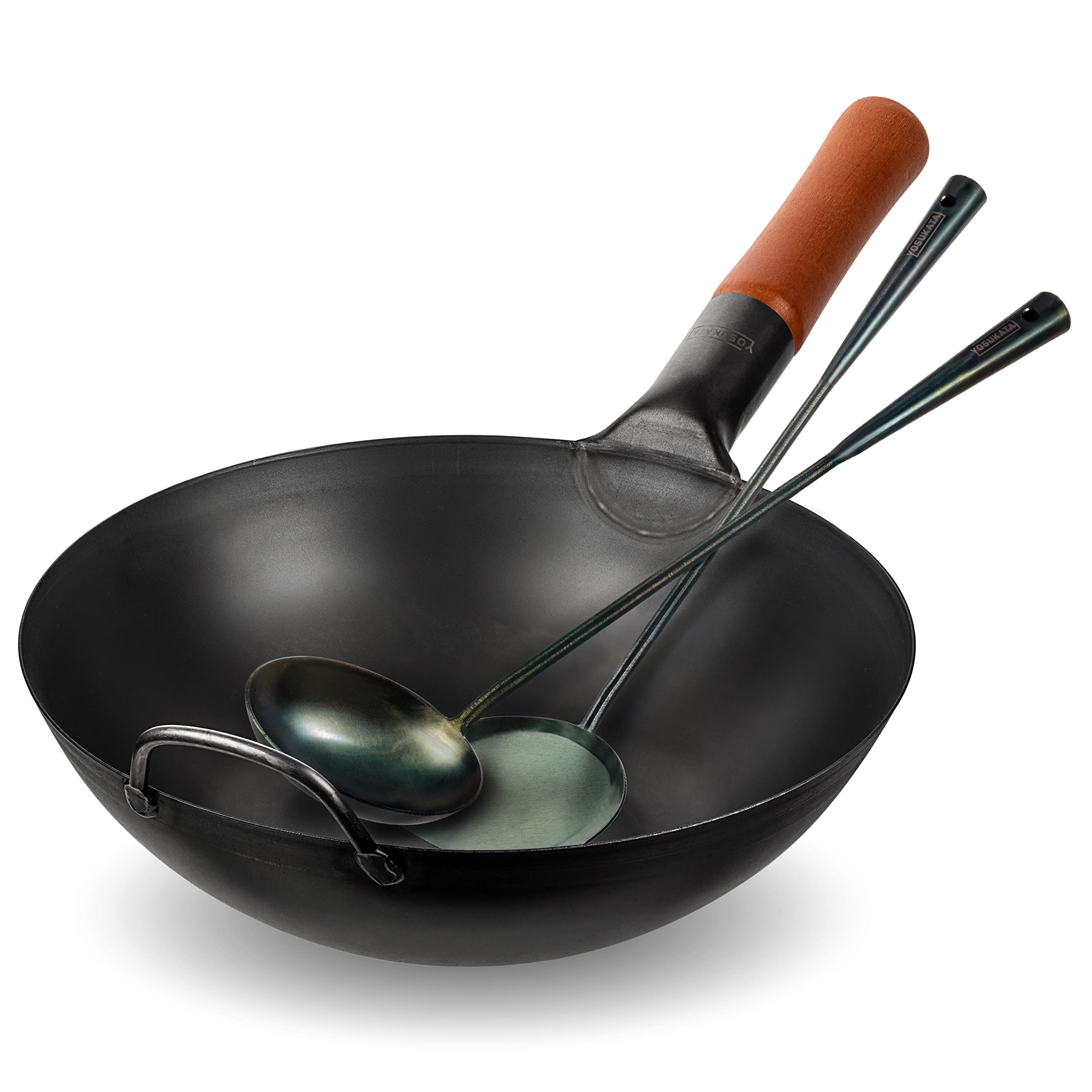 YOSUKATA Carbon Steel Wok Pan – 11,8 “ Woks and Stir Fry Pans + Pre-Seasoned Wok Utensils Set - Blue Carbon Steel 17-inch Wok Spatula, Wok Ladle, 3 pairs of Chopsticks Visit the Store