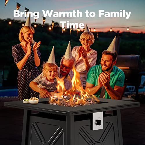 Ciays 28 Inch Gas Fire Pit Table, 50,000 BTU Propane Fire Pits for Outsides with Steel Lid and Lava Rock, 2 in 1 Square Firepit Table for Gatherings Parties on Patio Deck Garden Backyard, Black