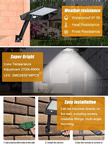 Adowan LED Solar Outdoor Lights with Motion Sensor, 3 Lighting Modes Flood Lights with Remote Control, Waterproof Night Security Light for Garage Garden Street Shed Yard (2 Pack)
