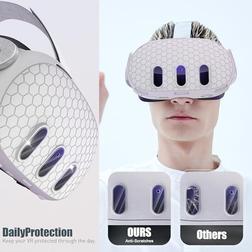 Orzero Soft Silicone Headset Cover Compatible for Quest 3, with 2 Sets 6 Packs Tempered Glass Camera Lens Protector Anti-Drop Strong Protection VR Gaming Accessories - White