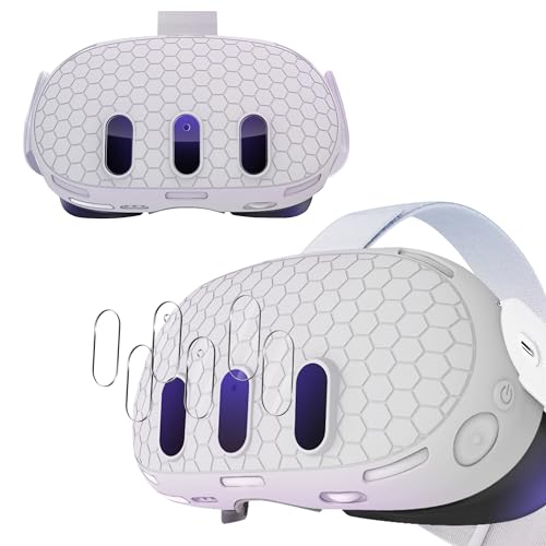 Orzero Soft Silicone Headset Cover Compatible for Quest 3, with 2 Sets 6 Packs Tempered Glass Camera Lens Protector Anti-Drop Strong Protection VR Gaming Accessories - White
