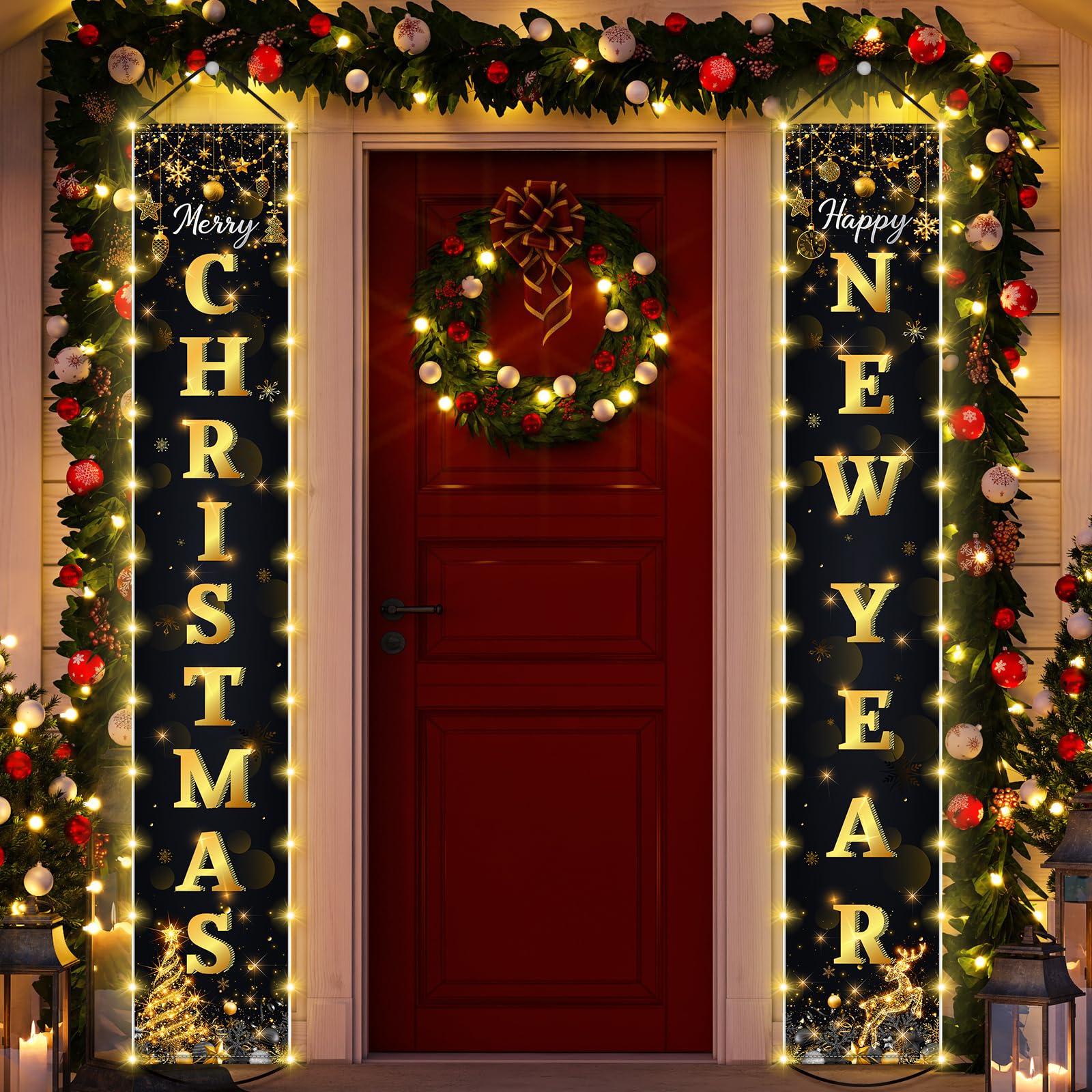 Irenare Lighted Christmas Banner Decorations with LED Light Merry Christmas Front Porch Sign Snowman Gnome Hanging Door Banner for Winter Xmas Holiday Party Outdoor Decor(Cool)