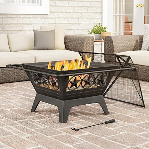 Pure Garden 50-LG1203 32β Outdoor Deep Fire Pit-Square Large Steel Bowl with Star Design, Mesh Spark Screen, Log Poker & Storage Cover-Patio Wood Burning, Black