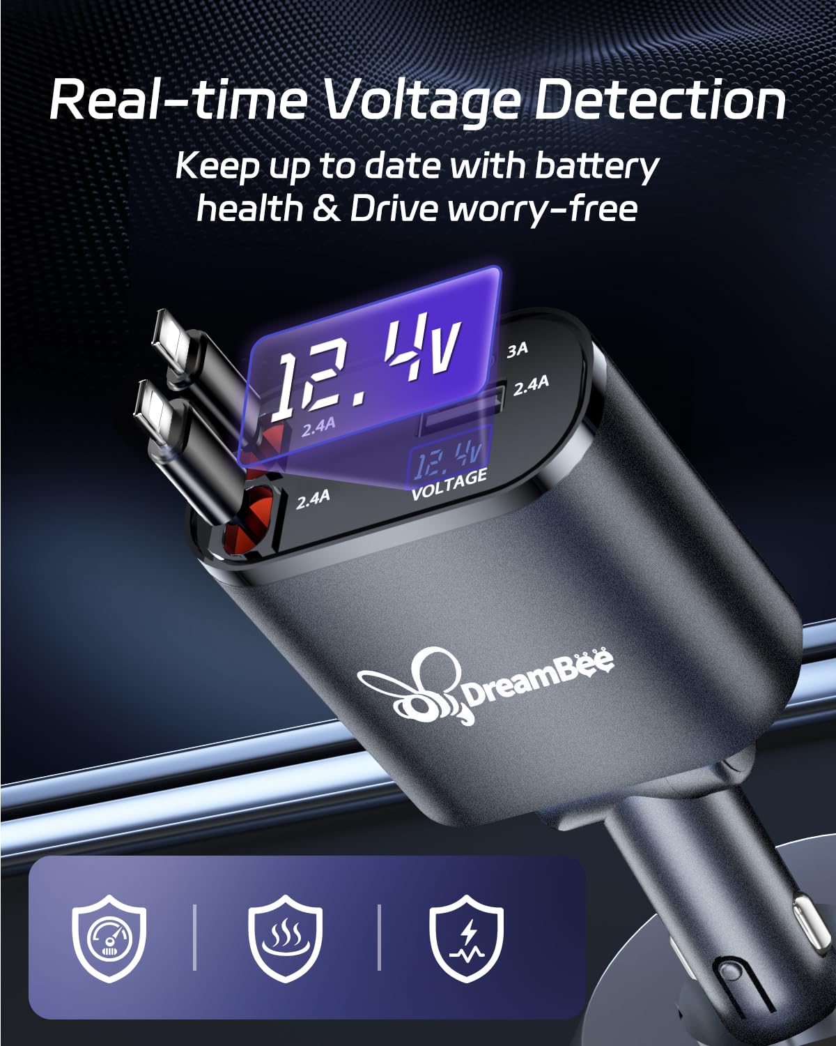 DreamBee Retractable Car Charger,Super Fast USB Car iPhone Charger,Dual iPhone Retractable Cables (31.5 inch) and 2 USB Ports Car Charger Adapter for iPhone14/13/12/11 Pro Max/XS MAX/,iPad,Samsung