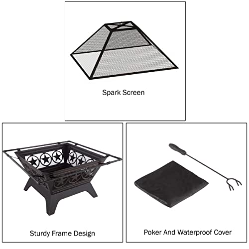 Pure Garden 50-LG1203 32β Outdoor Deep Fire Pit-Square Large Steel Bowl with Star Design, Mesh Spark Screen, Log Poker & Storage Cover-Patio Wood Burning, Black