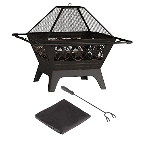 Pure Garden 50-LG1203 32β Outdoor Deep Fire Pit-Square Large Steel Bowl with Star Design, Mesh Spark Screen, Log Poker & Storage Cover-Patio Wood Burning, Black