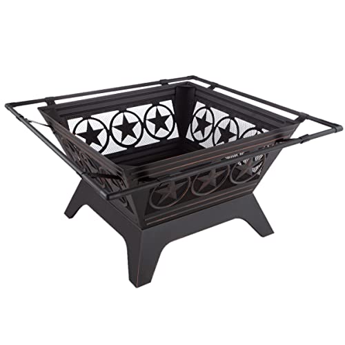 Pure Garden 50-LG1203 32β Outdoor Deep Fire Pit-Square Large Steel Bowl with Star Design, Mesh Spark Screen, Log Poker & Storage Cover-Patio Wood Burning, Black