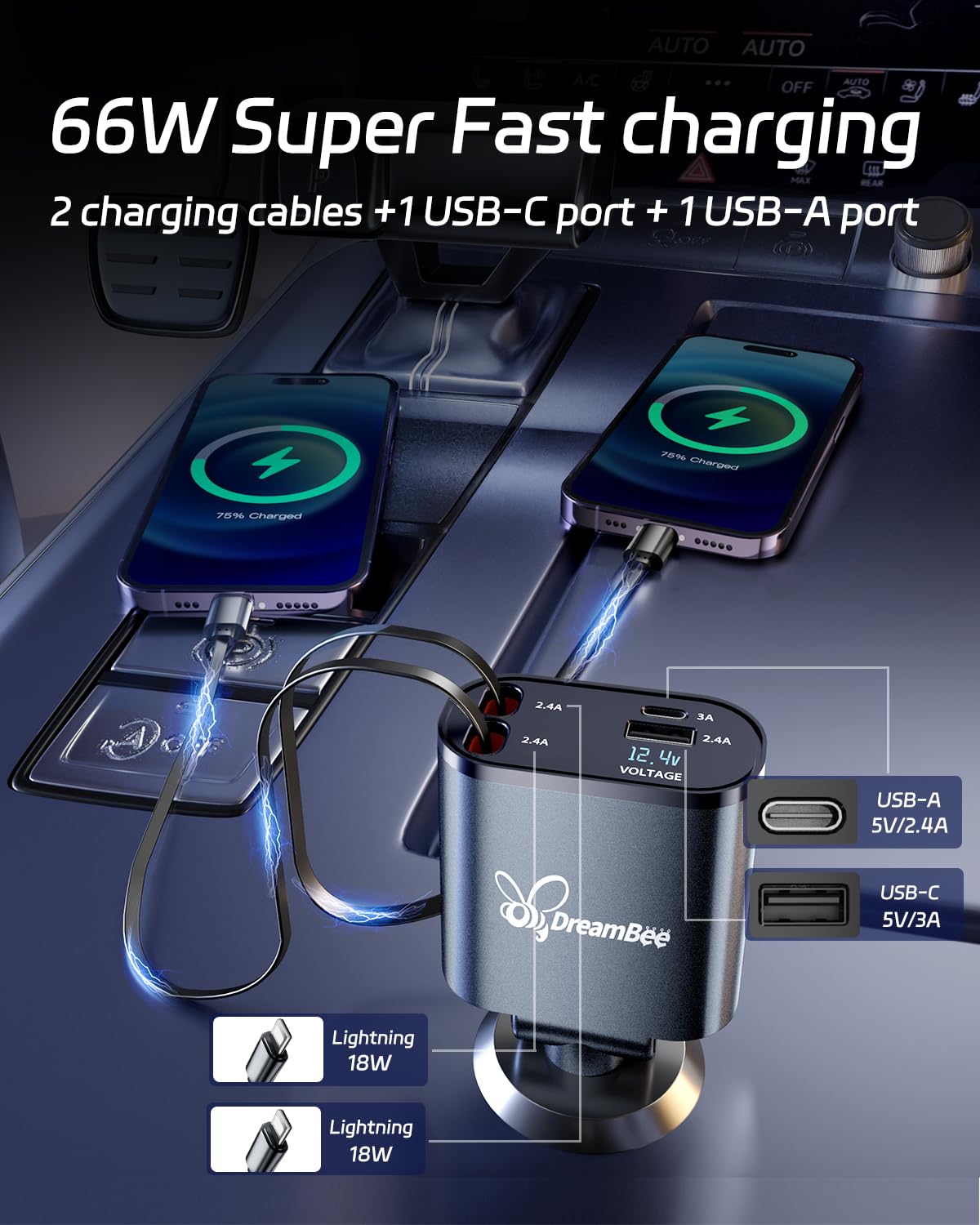 DreamBee Retractable Car Charger,Super Fast USB Car iPhone Charger,Dual iPhone Retractable Cables (31.5 inch) and 2 USB Ports Car Charger Adapter for iPhone14/13/12/11 Pro Max/XS MAX/,iPad,Samsung