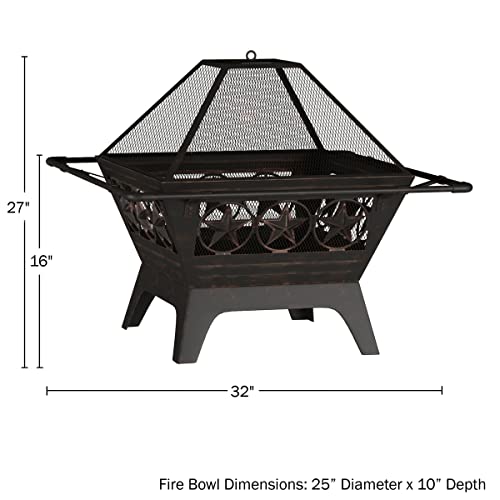 Pure Garden 50-LG1203 32β Outdoor Deep Fire Pit-Square Large Steel Bowl with Star Design, Mesh Spark Screen, Log Poker & Storage Cover-Patio Wood Burning, Black