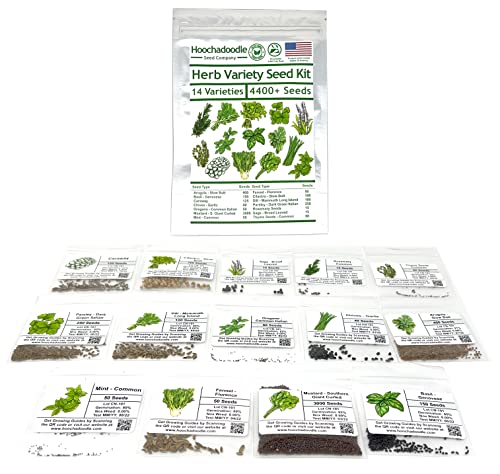Herb Variety Seed Kit - 14 Varieties - 4400+ Non-GMO Open Pollenated Seeds - Hoochadoodle Seed Company - Resealable Heirloom Herb Seed Kit