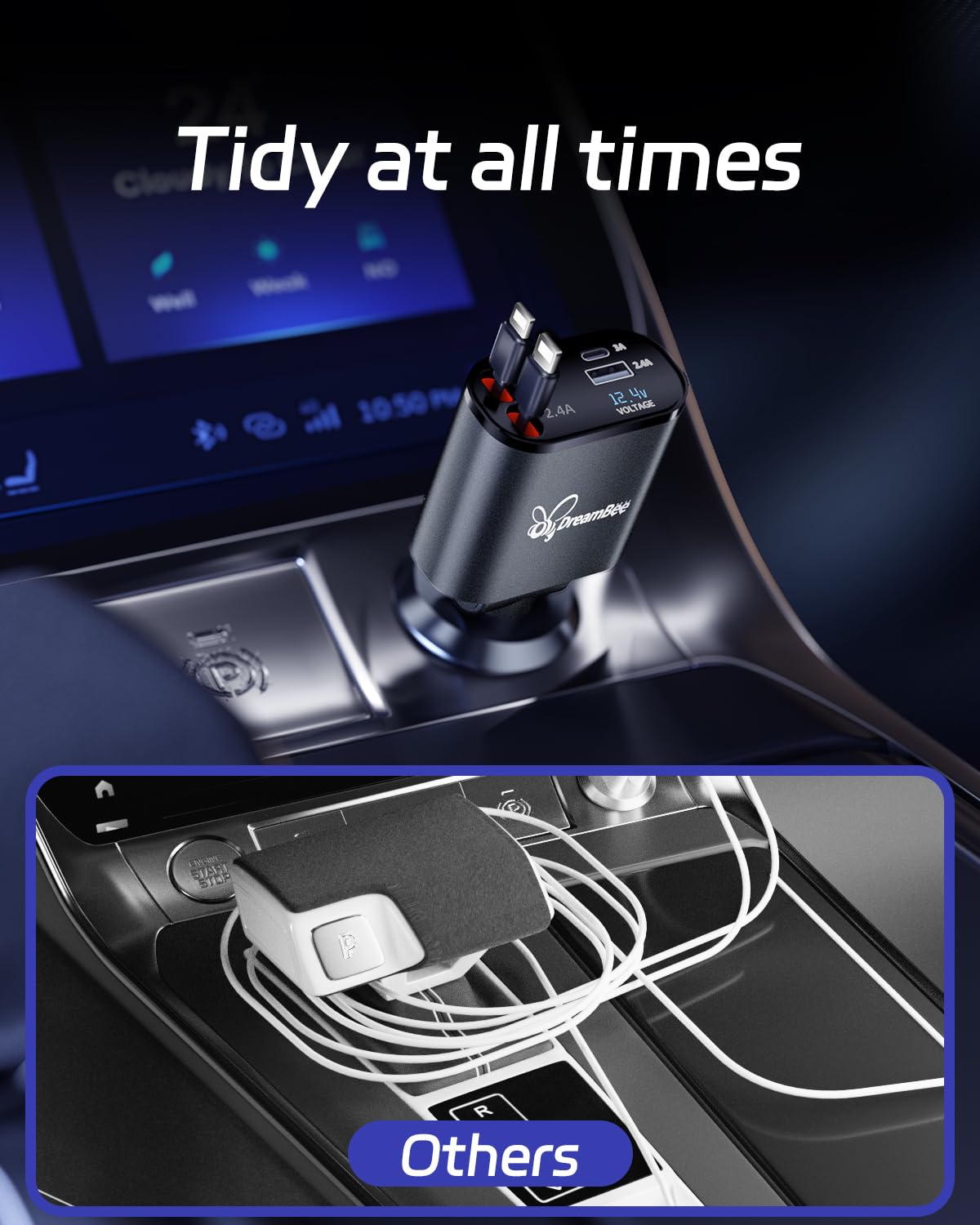 DreamBee Retractable Car Charger,Super Fast USB Car iPhone Charger,Dual iPhone Retractable Cables (31.5 inch) and 2 USB Ports Car Charger Adapter for iPhone14/13/12/11 Pro Max/XS MAX/,iPad,Samsung