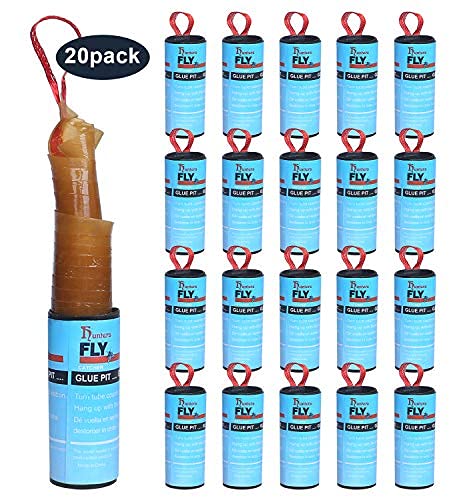 Dwcom 20 Pack Sticky Fly Traps Hanging, Fly Paper Strips Fly Ribbon Catcher Gnat Mosquito for House, Kitchen, Bullpen, Stable, Pasture