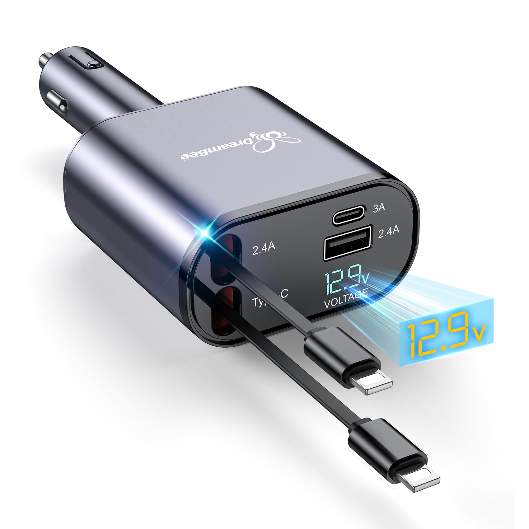 DreamBee Retractable Car Charger,Super Fast USB Car iPhone Charger,Dual iPhone Retractable Cables (31.5 inch) and 2 USB Ports Car Charger Adapter for iPhone14/13/12/11 Pro Max/XS MAX/,iPad,Samsung