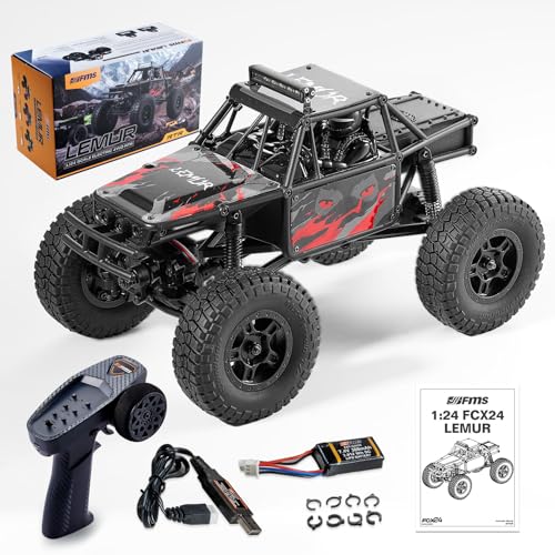 MQ & KUN FMS FCX24 1/24 Lemur RTR, 4x4 Brushed RC Buggy 8KPH+ RC Monster Baja Truck All-Terrain Off-Road RC Rock Crawler for Adults Included LED Headlight, Battery, 2.4Ghz Remote Control(Red)