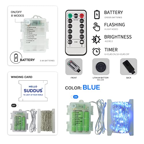 suddus 66ft 200 LED Outdoor String Lights, Blue Fairy Lights Battery Operated with Remote, Led Twinkle Lights for Bedroom, Dorm, Patio, Tapestry, Backyard, Garden, Christmas, Party, Indoor