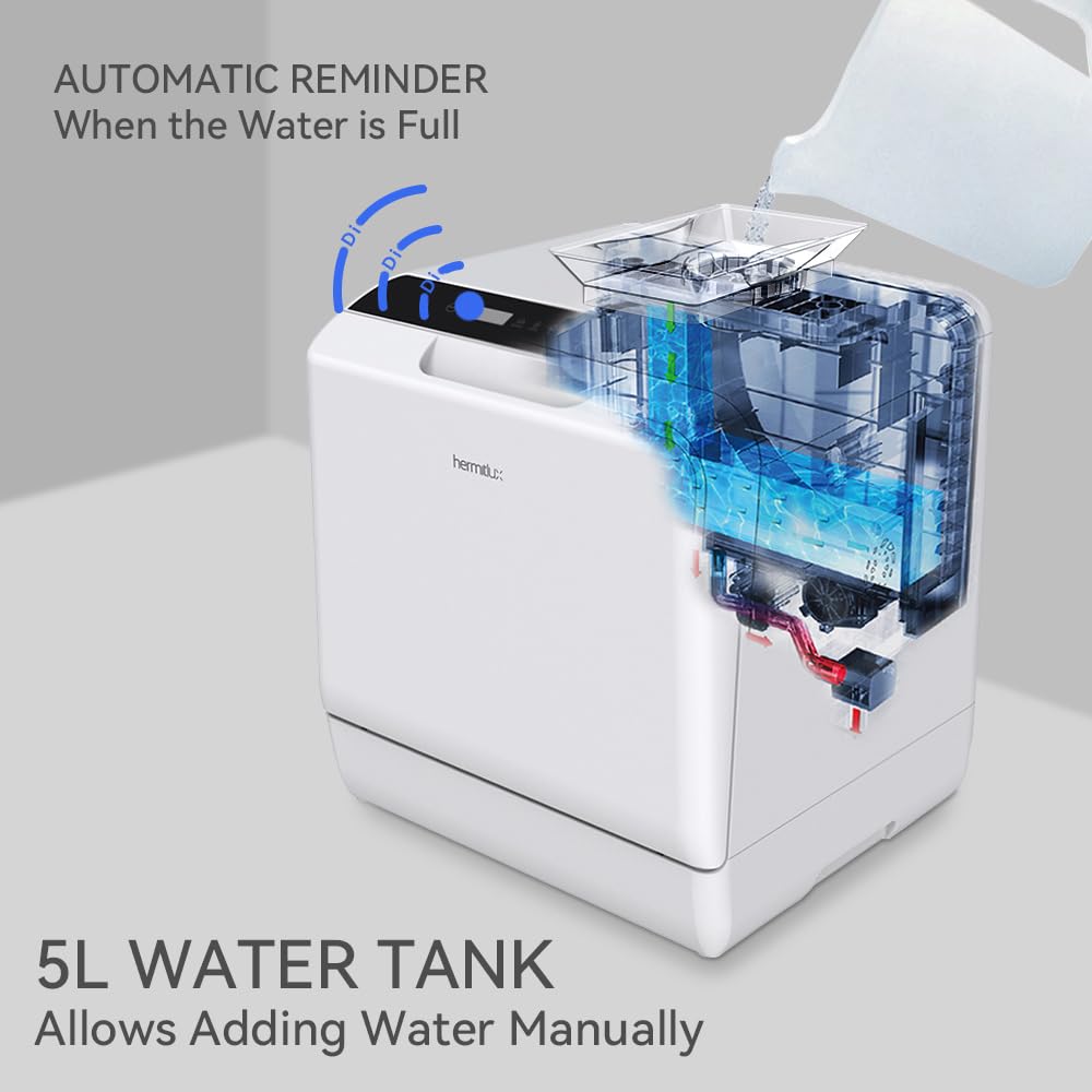 Hermitlux Countertop Dishwasher, 5 Washing Programs Portable Dishwasher With 5-Liter Built-in Water Tank And Inlet Hose & Drain Hose