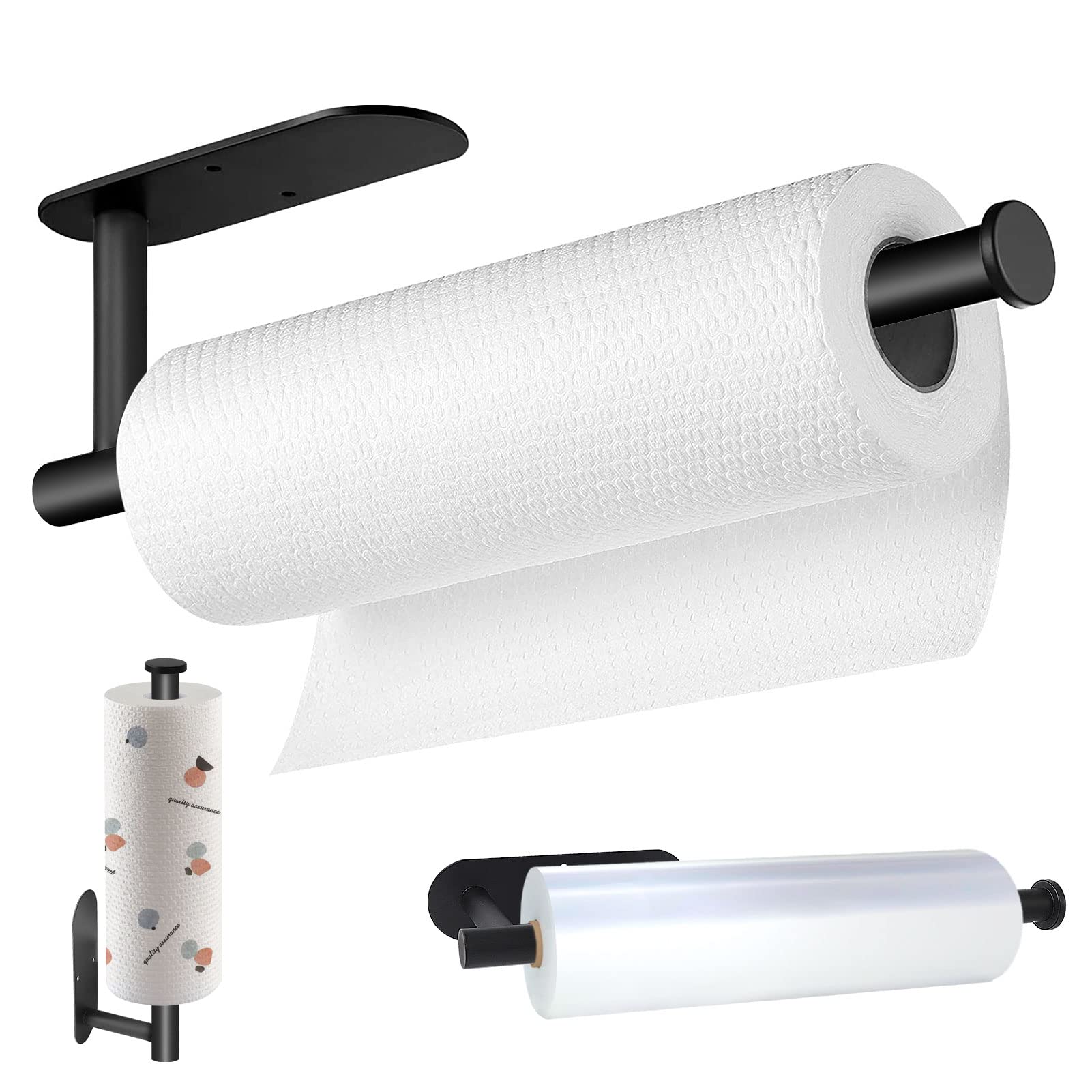 FGSAEOR Paper Towel Holder, Adhesive or Wall Mount Stand Rack Use for Paper Towel, Towels, Plastic Wrap, Stainless Steel Organization Shelf for Kitchen, Cabinet, Bathroom, Garage, Pantry (Black)