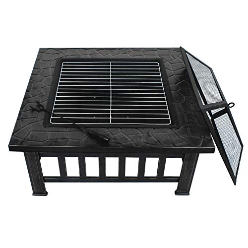 JupiterForce 32" Outdoor Metal Fire Pit Square Metal Firepit Stove for Backyard, Patio, Garden, Bonfire, Camping and Picnic with Rainproof Cover, Black