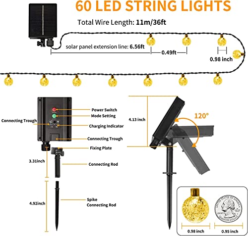 Solar String Lights Outdoor, 60 LED 36ft Crystal Globe Lights With Remote, 8 Modes Waterproof Solar Powered Patio Lights for Weeding, Garden, Lawn, Porch, Yard, Party, Xmas, Home Decor (Warm White)
