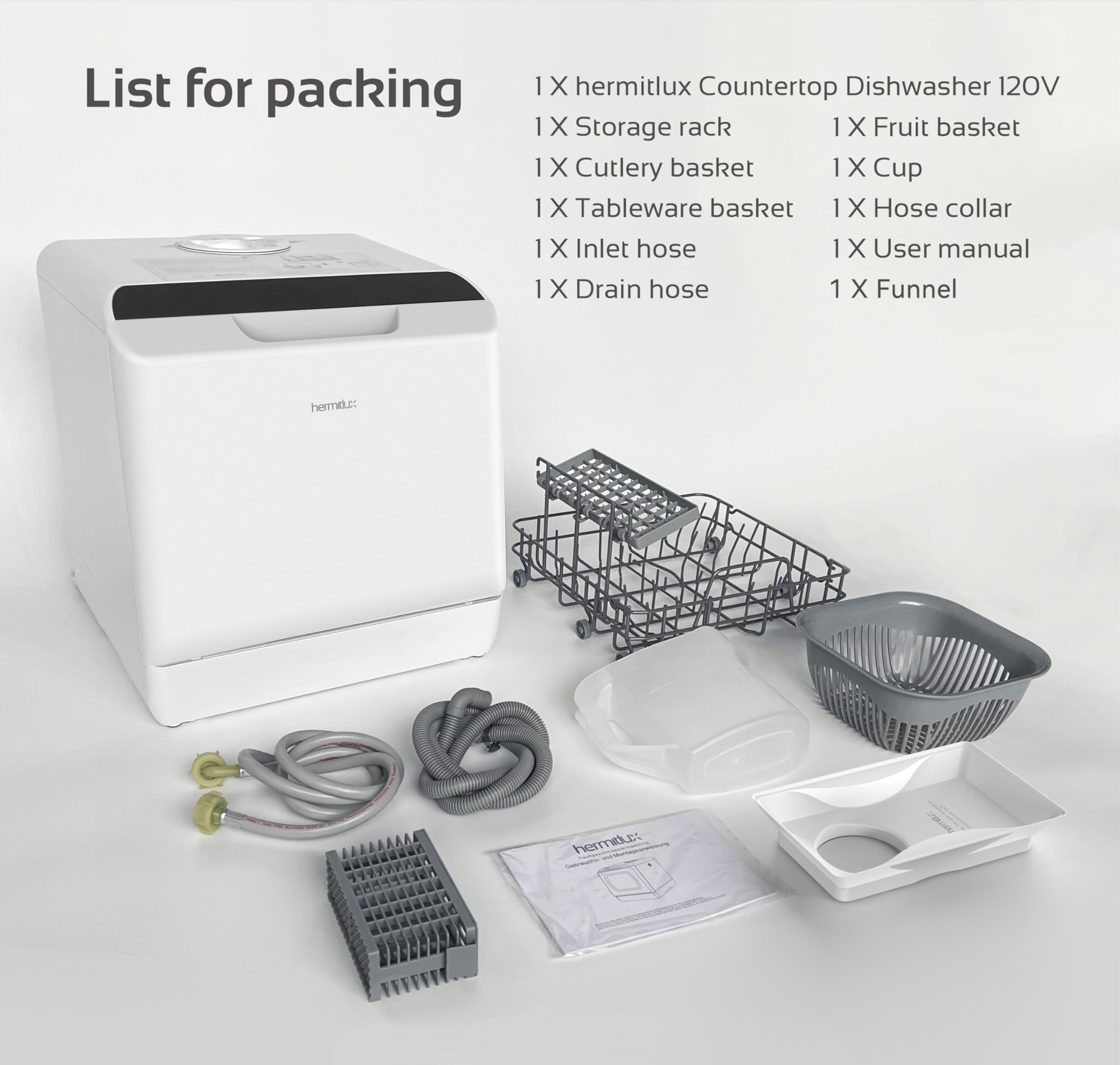 Hermitlux Countertop Dishwasher, 5 Washing Programs Portable Dishwasher With 5-Liter Built-in Water Tank And Inlet Hose & Drain Hose