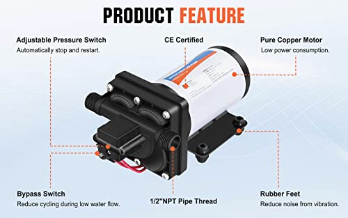 YOUNGTREE RV Fresh Water Pressure Pump 12V 5.5GPM 70PSI, On Demand Self Priming Water Pump 12Volt include 3/4" Garden Hose Adapters for Yacht Agricultural Irrigation Spraying Kitchen