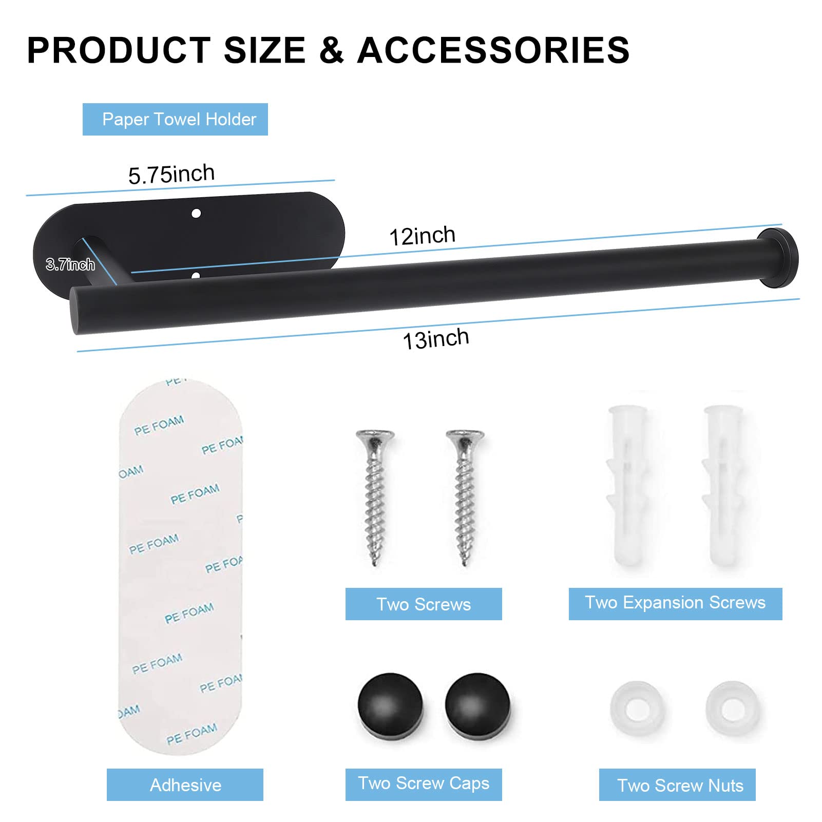 FGSAEOR Paper Towel Holder, Adhesive or Wall Mount Stand Rack Use for Paper Towel, Towels, Plastic Wrap, Stainless Steel Organization Shelf for Kitchen, Cabinet, Bathroom, Garage, Pantry (Black)