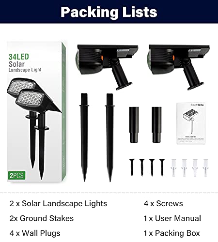Solar Spotlight, 34 LEDs Solar Landscape Lighting, IP67 Waterproof Solar Lights & 3 Modes Solar Powered Spotlights, Dark Sensing Auto ON/Off for Yard Garden Walkway and Pool 2 Pack