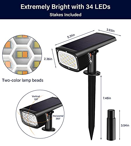 Solar Spotlight, 34 LEDs Solar Landscape Lighting, IP67 Waterproof Solar Lights & 3 Modes Solar Powered Spotlights, Dark Sensing Auto ON/Off for Yard Garden Walkway and Pool 2 Pack