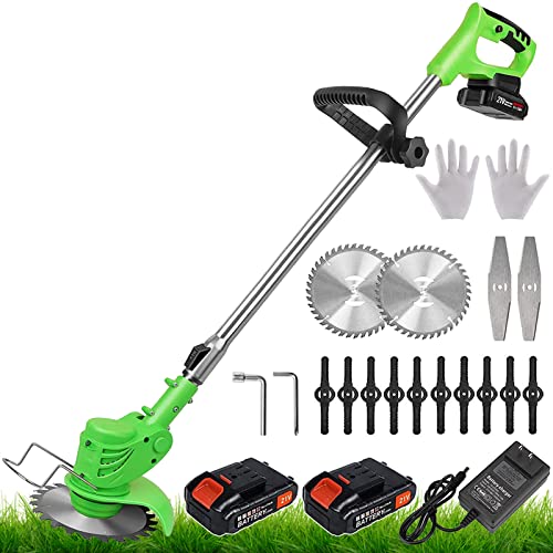 Electric Cordless Weed Wacker, 21V Battery Powered Weed Eater Brush Cutter with 3 Types Blades and 2Pcs 2.0Ah Battery, Lightweight Grass Trimmer Edger Lawn Tool for Yard and Garden