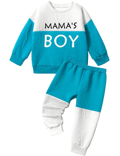 ADIFUN toddler Boy Clothes 2t-3t boys sweatshirt Outfits Fall Winter clothes baby boy's clothing MAMA'S BOY white blue Color Block Long Sleeve 2Pcs