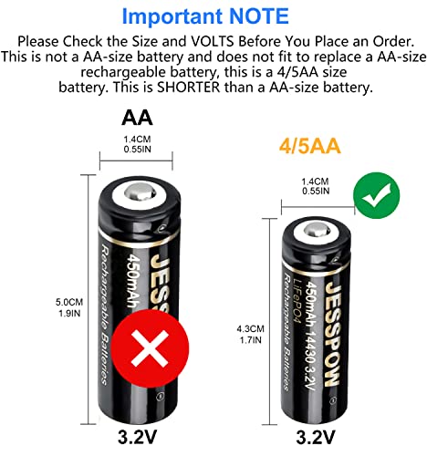 JESSPOW 14430 Battery, 14430 3.2V 450mAh LiFePo4 Rechargeable Solar Batteries 4 Pack for for Solar Panel Outdoor Garden Lights, Solar Panel Light, Tooth Brush, Shaver, Flashlight (NOT AA Battery)