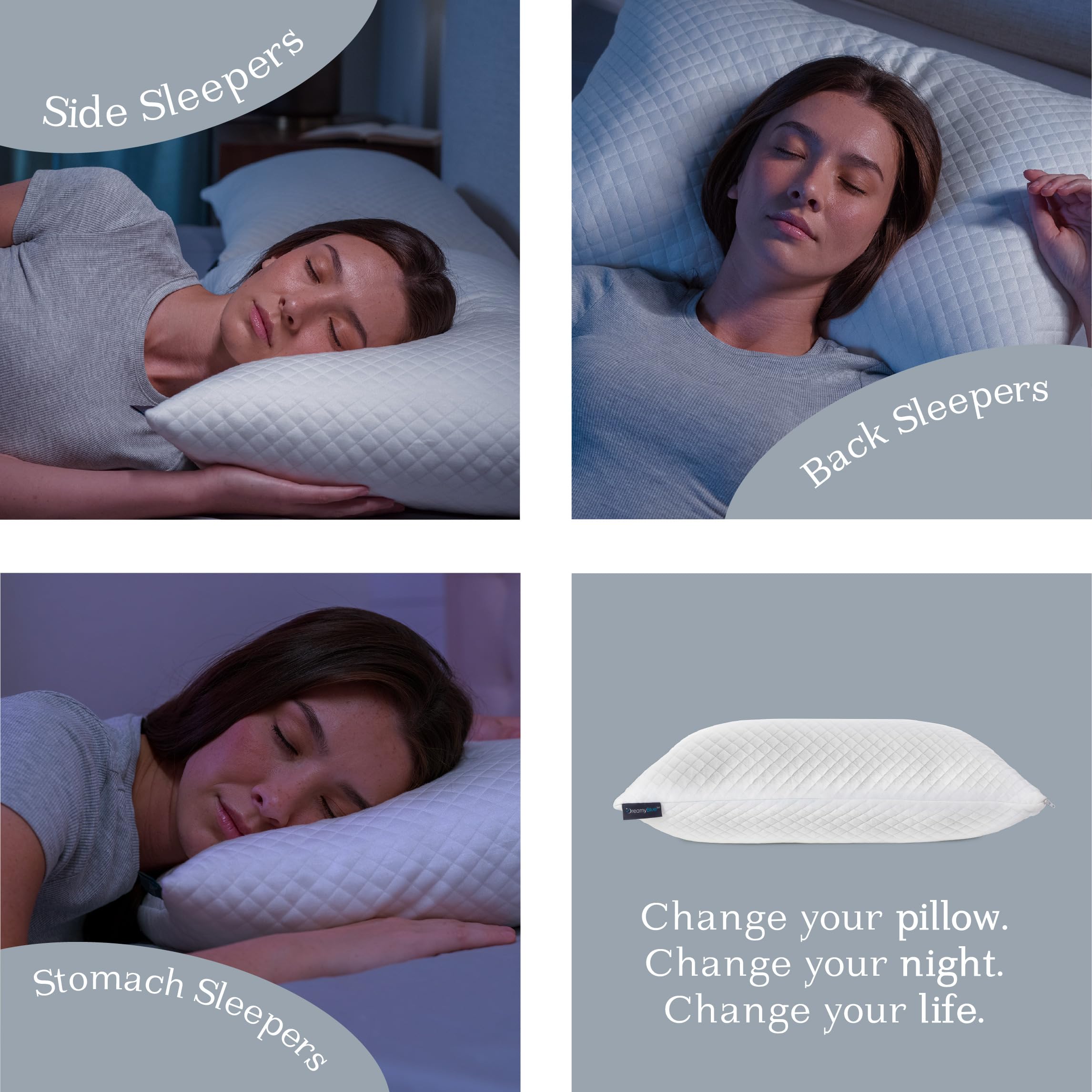 DreamyBlue Premium Pillow for Sleeping - Shredded Memory Foam Fill [Adjustable Loft] Washable Cover from Bamboo Derived Rayon - for Side, Back, Stomach Sleepers - CertiPUR-US Certified