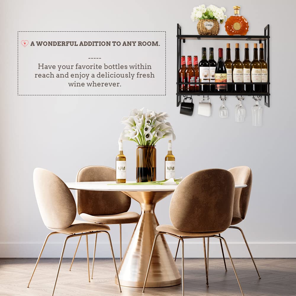 Hadulcet Wine Bottle Stemware Glass Rack, Industrial 2-Tier Wood Shelf, Wall Mounted Wine Racks with 5 Stem Glass Holders for Wine Glasses, Flutes, Mugs, and 2 Metal Basket for Storage, Rustic Brown…