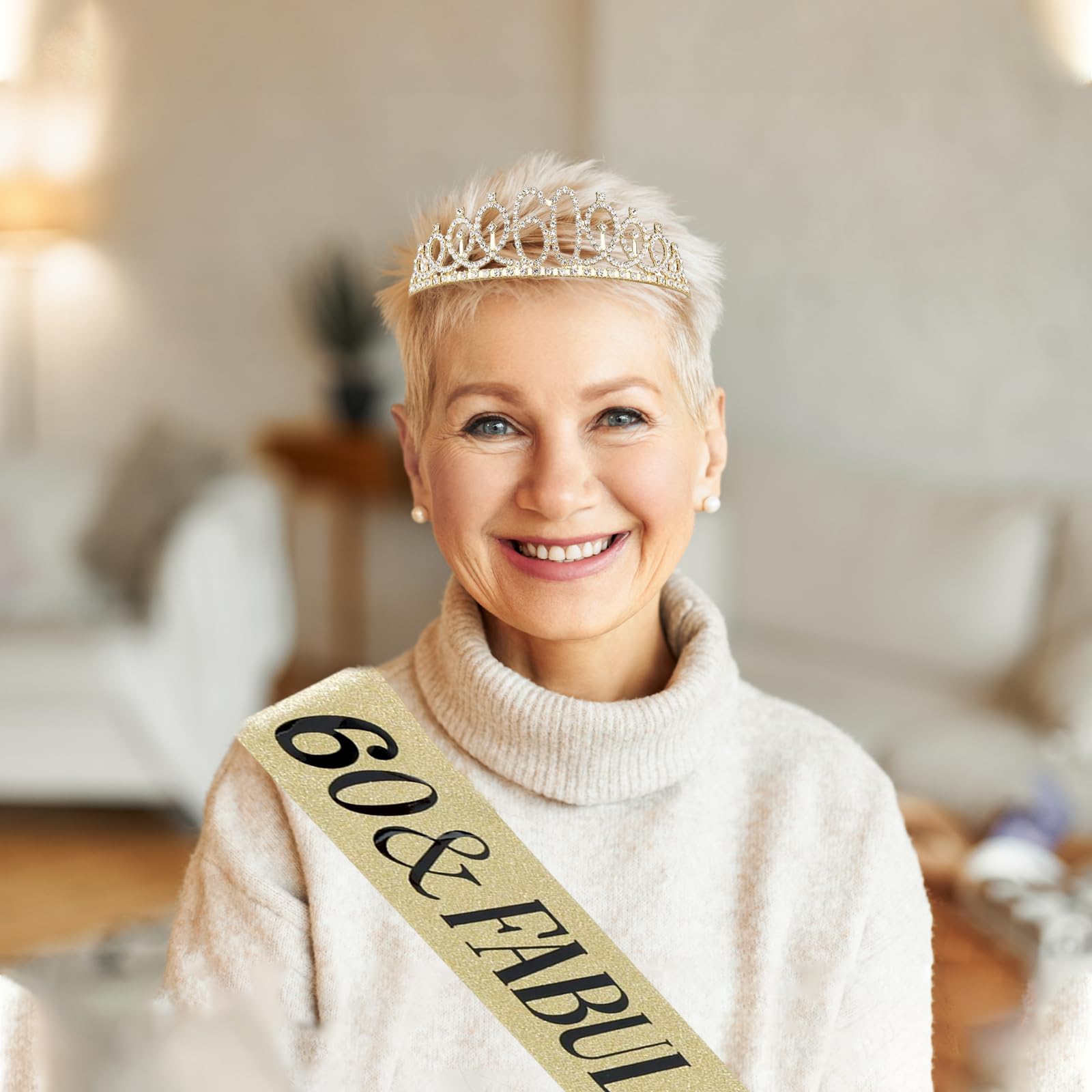 AgQrDkrc 60th Birthday Decorations for Women - Gold, Includes Crown, Sash, Cake Topper, Number Candles & Balloons