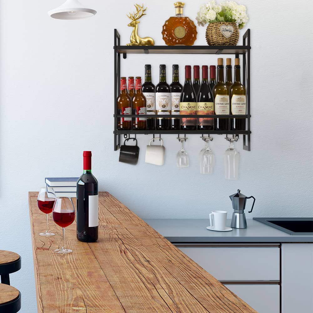 Hadulcet Wine Bottle Stemware Glass Rack, Industrial 2-Tier Wood Shelf, Wall Mounted Wine Racks with 5 Stem Glass Holders for Wine Glasses, Flutes, Mugs, and 2 Metal Basket for Storage, Rustic Brown…