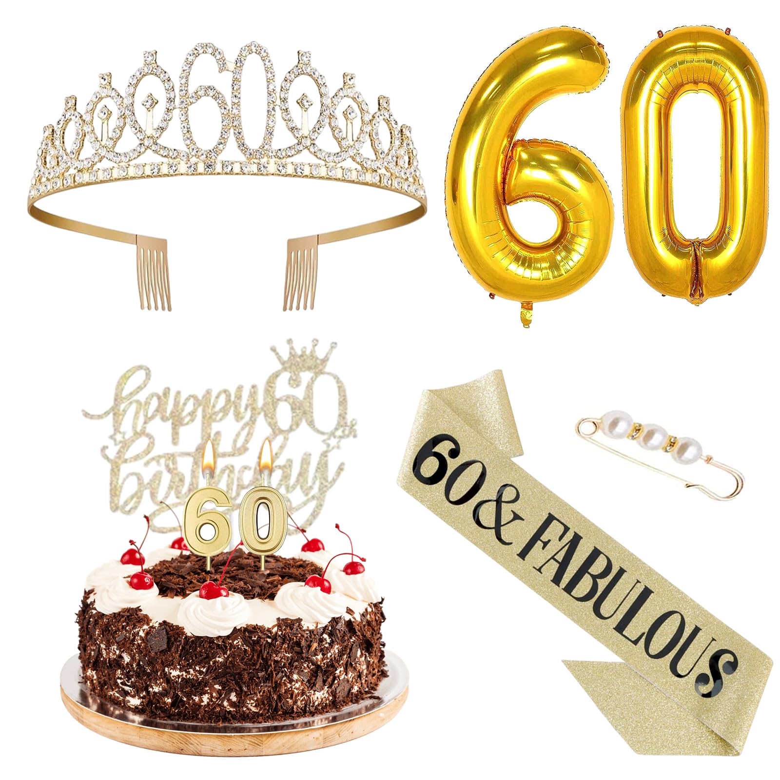AgQrDkrc 60th Birthday Decorations for Women - Gold, Includes Crown, Sash, Cake Topper, Number Candles & Balloons