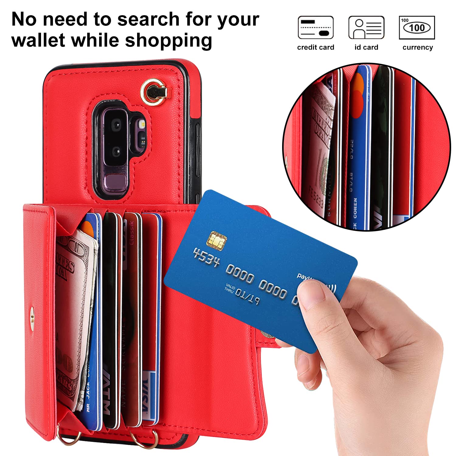 ONV Wallet Case Compatible with Samsung Galaxy S9 Plus - Adjustable Crossbody Lanyard [RFID] Metal Closure Card Holder Slots Cash Pocket Stand Multifunction Cover for Samsung Galaxy S9 Plus [FQ] -Red