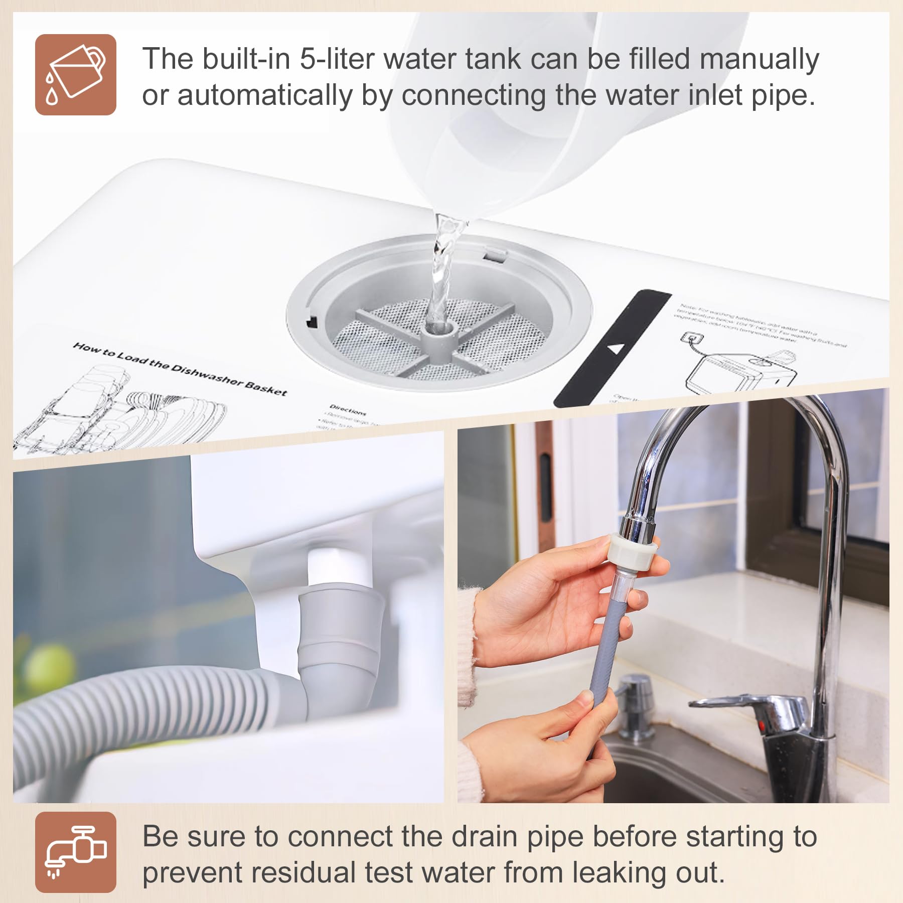 ChuMaste countertop dishwasher, portable dishwasher with water tank, 5 wash programs, leak-proof and can also be connected to the tap. For apartments, dorms, offices, boats, RVs, kitchenettes.