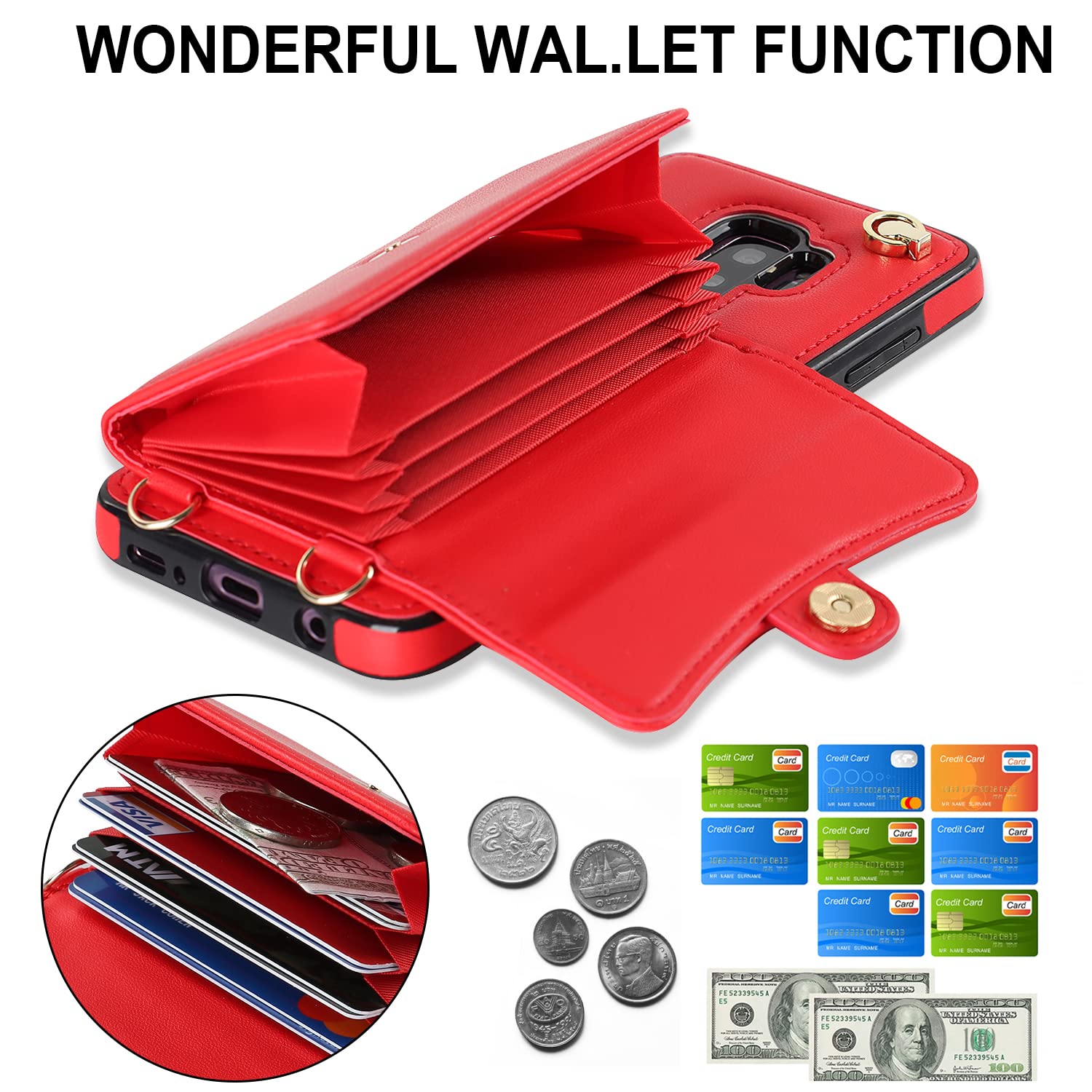 ONV Wallet Case Compatible with Samsung Galaxy S9 Plus - Adjustable Crossbody Lanyard [RFID] Metal Closure Card Holder Slots Cash Pocket Stand Multifunction Cover for Samsung Galaxy S9 Plus [FQ] -Red