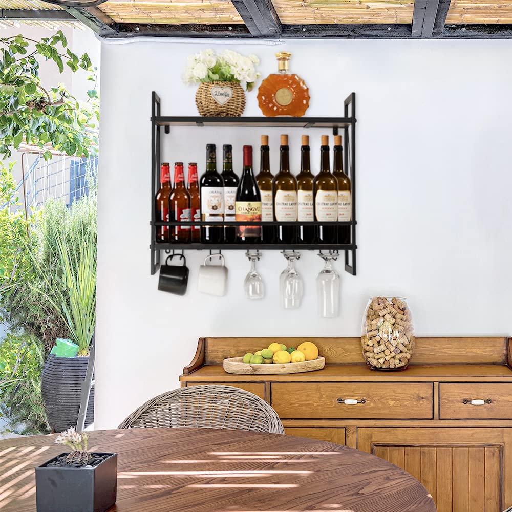 Hadulcet Wine Bottle Stemware Glass Rack, Industrial 2-Tier Wood Shelf, Wall Mounted Wine Racks with 5 Stem Glass Holders for Wine Glasses, Flutes, Mugs, and 2 Metal Basket for Storage, Rustic Brown…